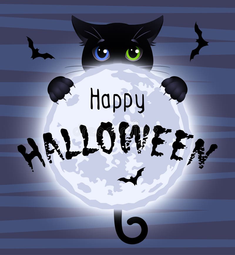 Happy Halloween. Cute Black Cat with Eyes of Different Colors Hugs the ... Happy Halloween. Cute Black Cat with Eyes of Different Colors Hugs the ...