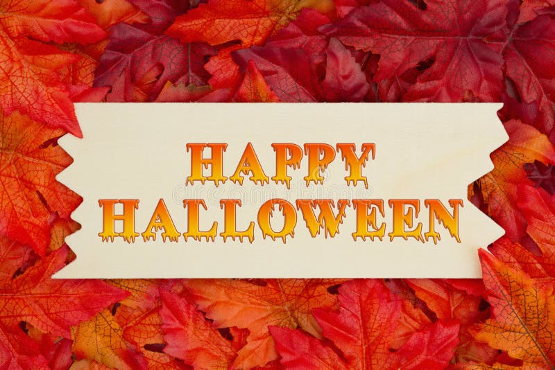 Happy Halloween Greeting with Fall Leaves Stock Photo - Image of flat ...