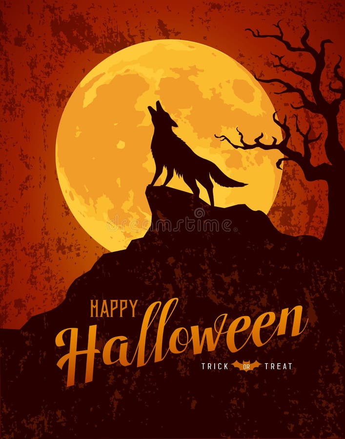 Happy Halloween Howling Wolf on the Moon Rough Surface Design Stock ...