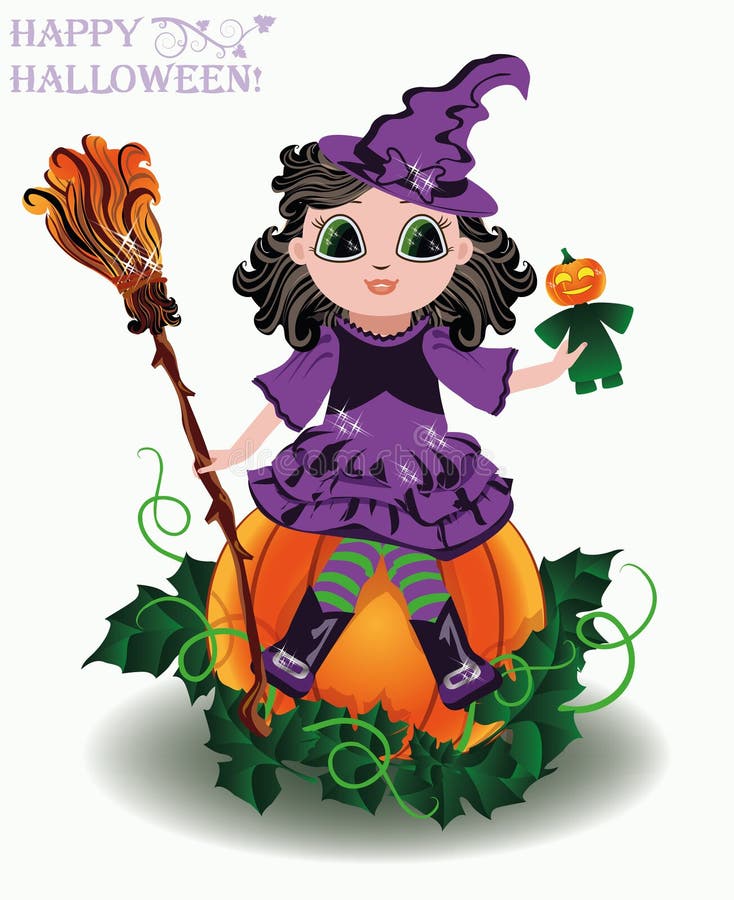 Happy Halloween. Little Cute Witch with Pumpkin Doll Stock Vector ...