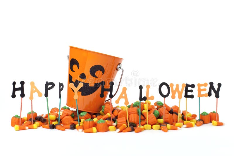 Happy Halloween Sign with Candy & Candy Bucket Stock Image - Image of ...