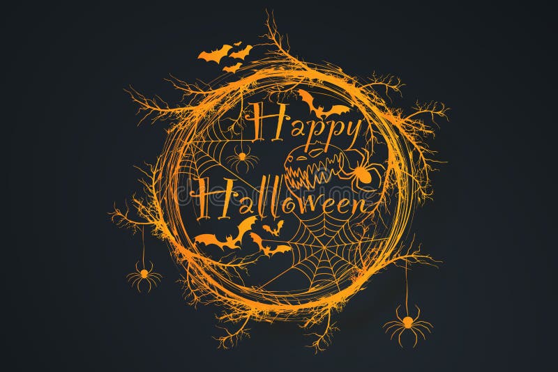 Happy Halloween Text Banner, Orange Horror Wreath of Branches, a ...
