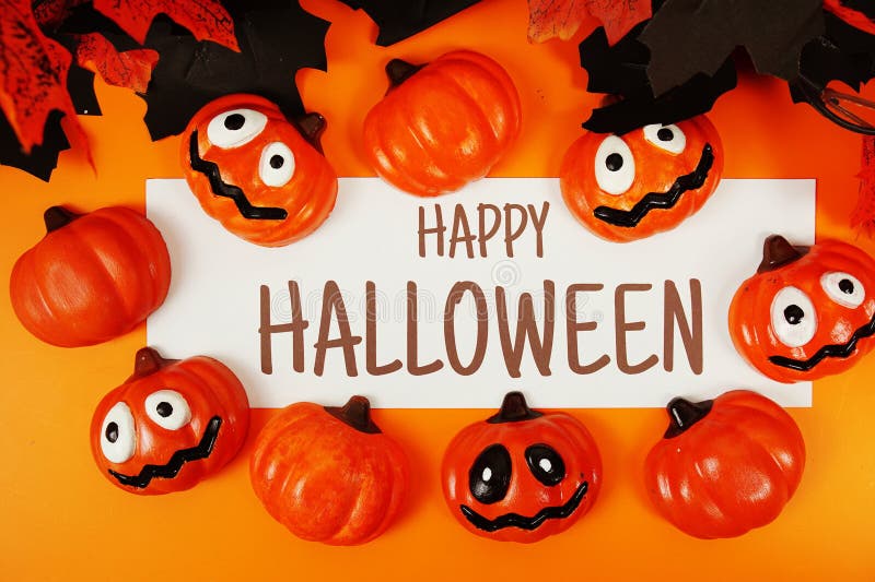 Happy Halloween Text with Element Decorations on Orange Background Stock Image - Image of ...