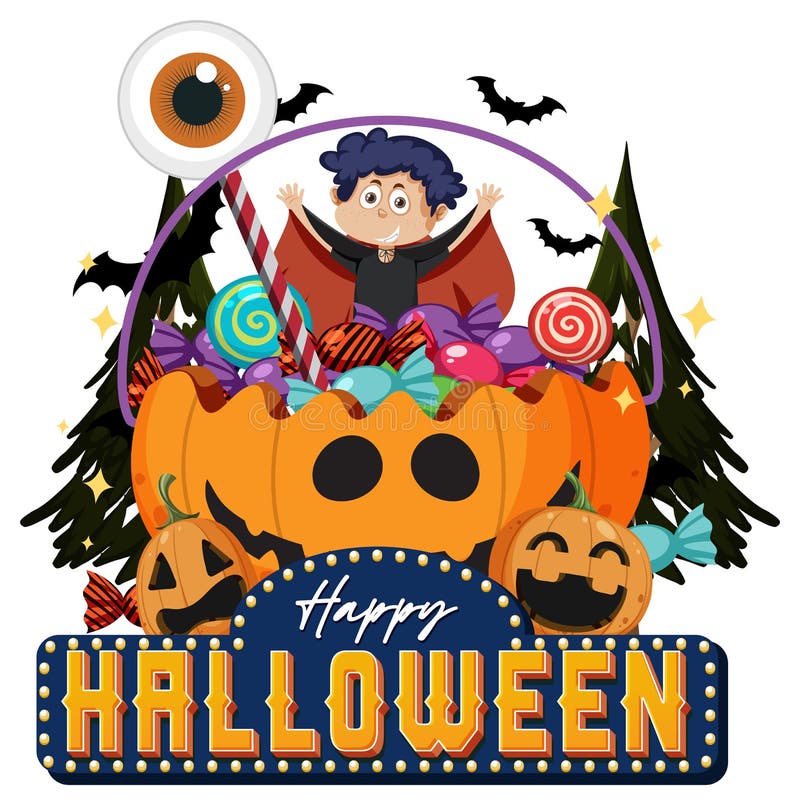Happy Halloween Text Logo with Cartoon Character Stock Vector ...