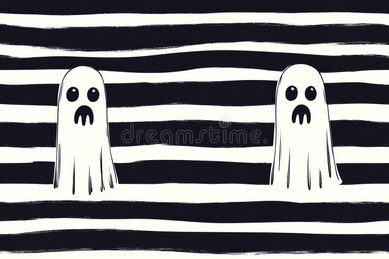 Happy Halloween. Two Ghosts on Black and White Striped Background ...