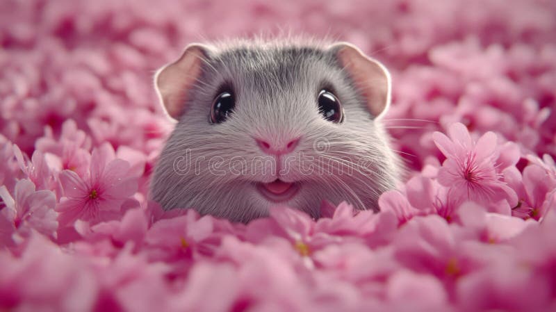 A Happy Hamster Amidst Pink Blossoms Stock Illustration - Illustration ...