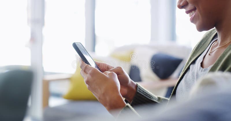 Happy, Hands and Typing with Phone on Sofa for Text Message ...