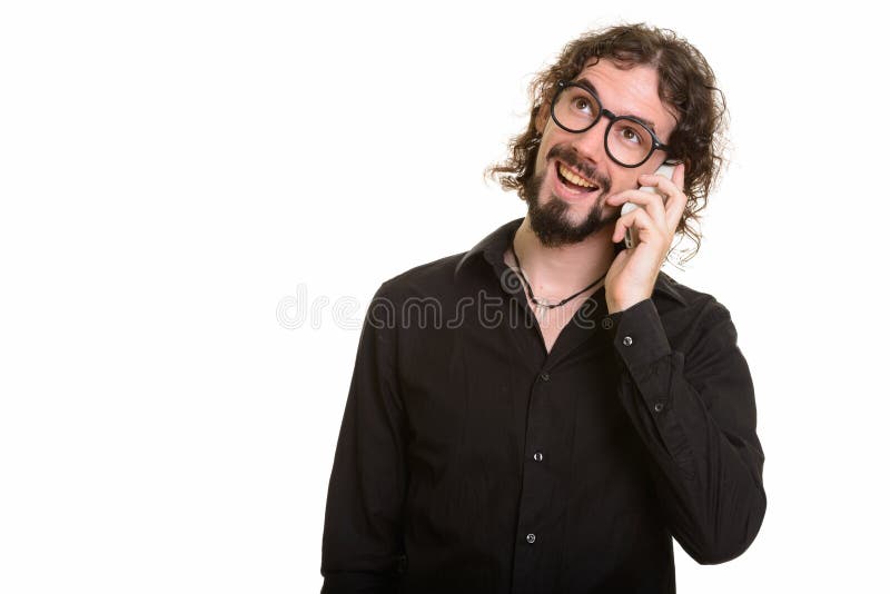 Happy Handsome Caucasian Man Talking on Mobile Phone while Think Stock ... Happy Handsome Caucasian Man Talking on Mobile Phone while Think Stock ...