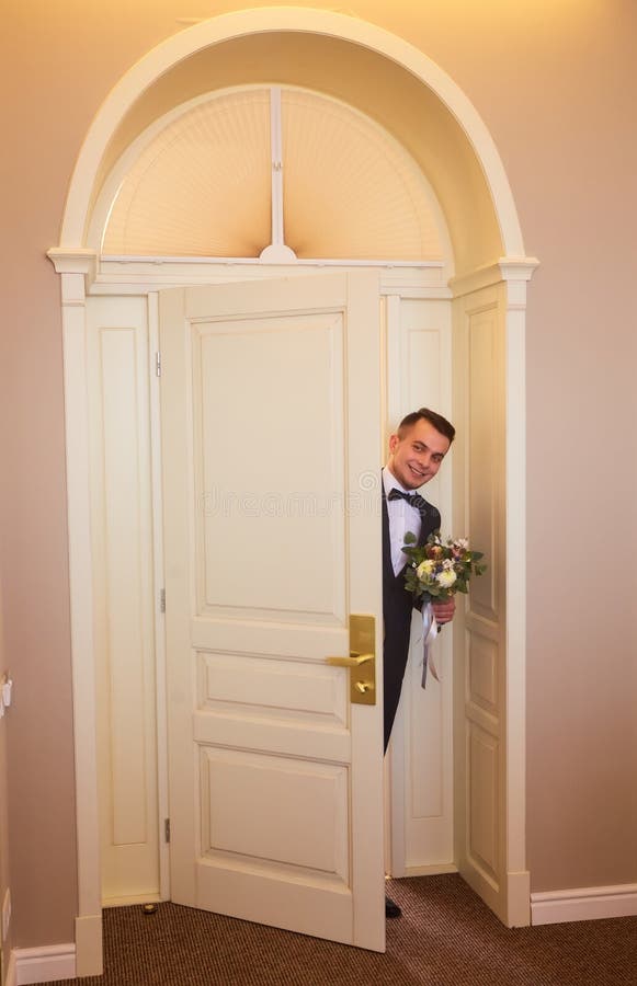 Happy Handsome Groom Entering Room Stock Image - Image of people ...