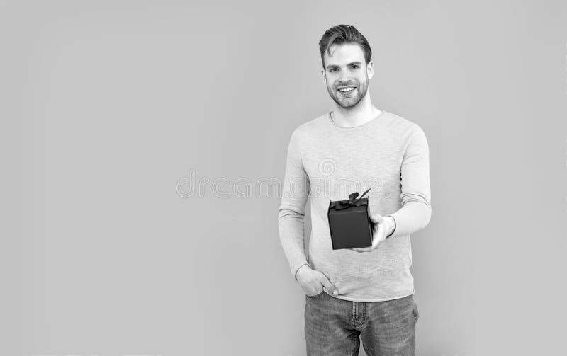Happy Handsome Guy Give Present Box Grey Background Copy Space, Giving ...