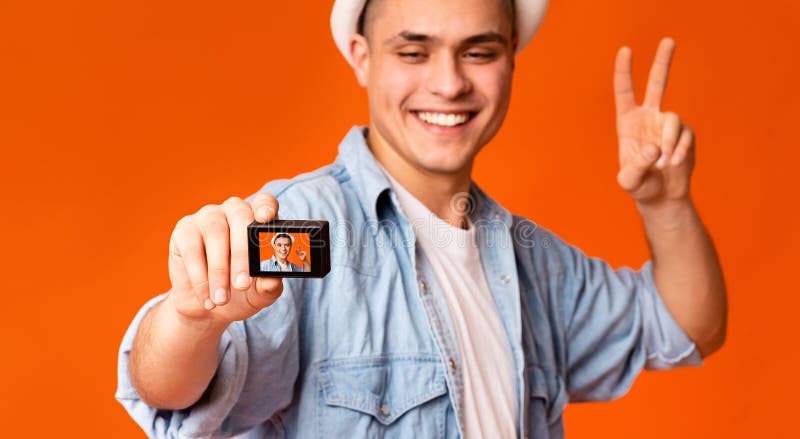 Happy Handsome Guy Tourist Using Action Camera Stock Image - Image of ...