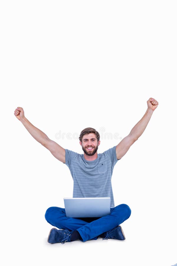 Happy Handsome Man Cheering Behind His Computer Stock Photos - Free ...