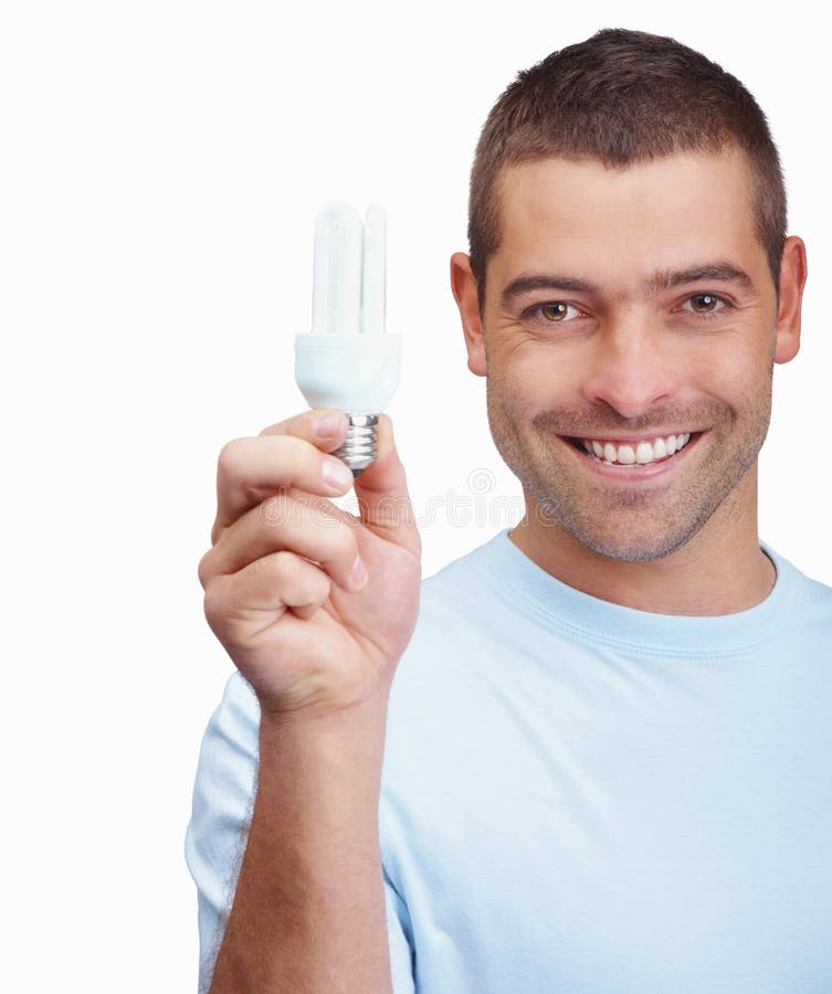 Happy Handsome Man Holding a Light Bulb on White Stock Image - Image of ...