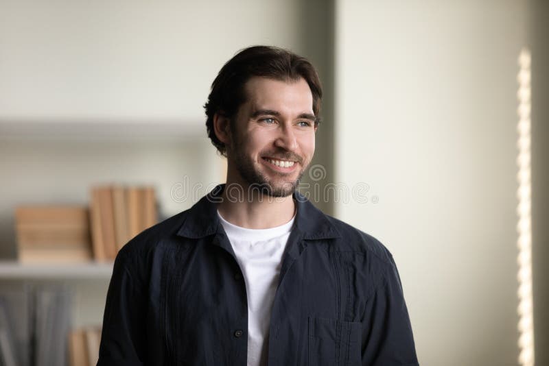 Happy Handsome Millennial Man Visualizing Future Indoors. Stock Image ...