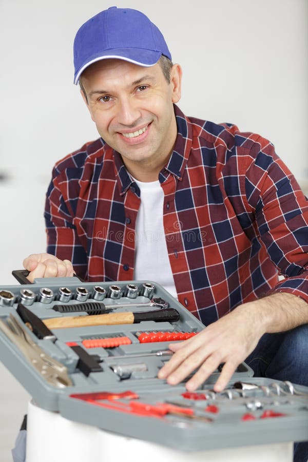 Happy Handsome Smiling Worker Showing Toolbox Stock Image - Image of ...