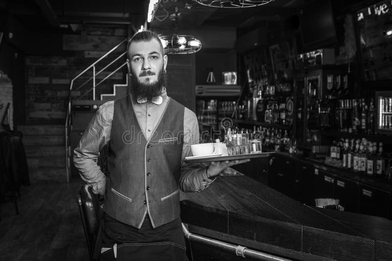 Happy Handsome Waiter Holding a Tray. Stock Image - Image of gathering ...