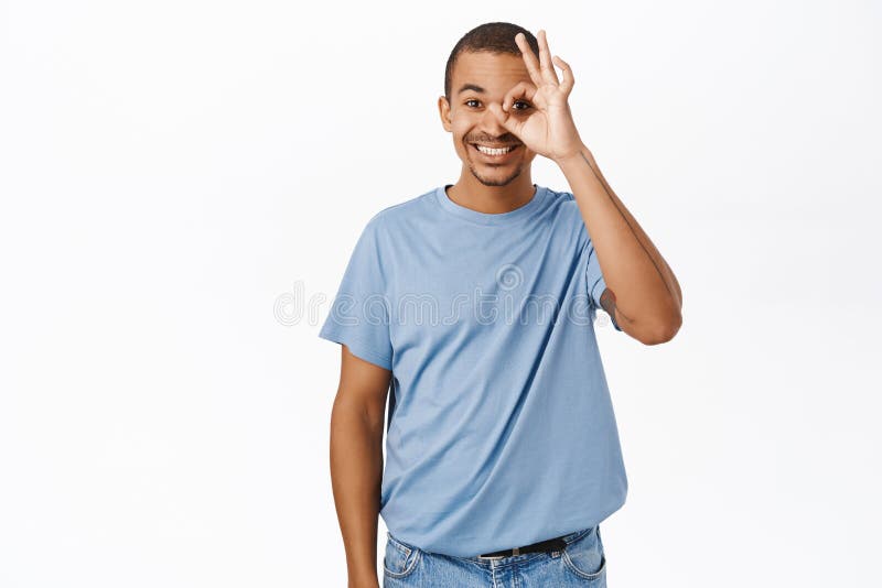 Happy Handsome Young Man 25 Years Shows Okay Ok Sign Over Eye And