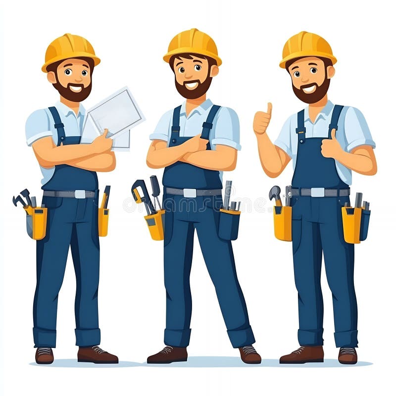 Three Cartoon Construction Workers Tools Blueprint Stock Illustrations ...