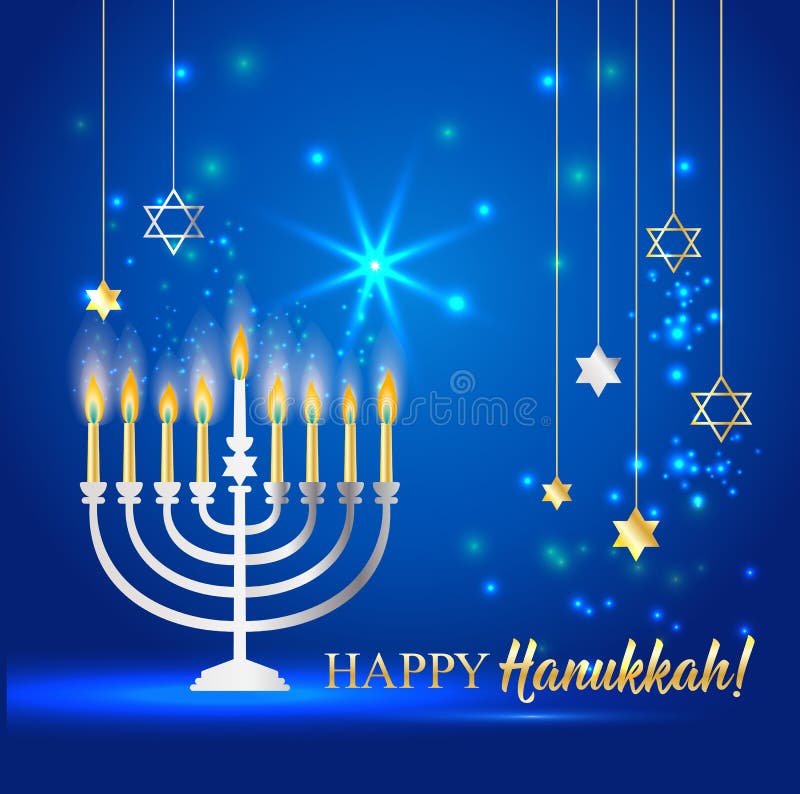 Happy Hanukkah Shining Background with Menorah, David Star and Bokeh ...