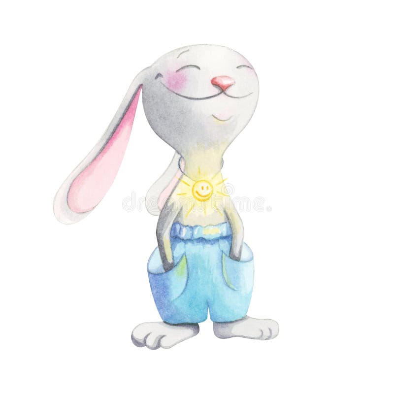 Happy Hare with the Sun on His Chest. Watercolor Illustration. Stock ...
