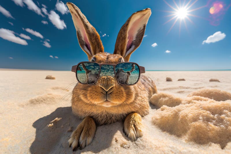 Hare in Sunglasses Stands on the Beach and Sunbath, Created with ...