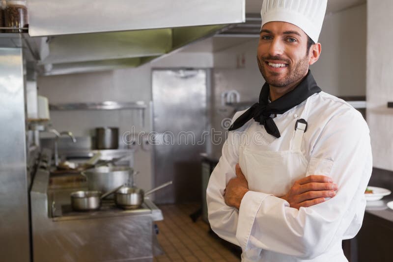 Happy Head Chef Standing with Arms Crossed Behind Counter Stock Image ...