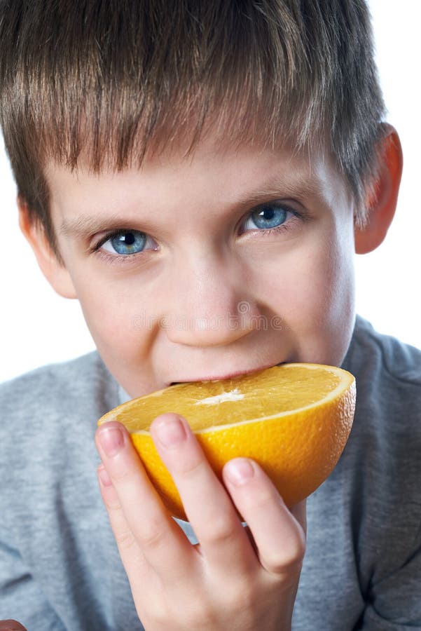 Happy Healthy Boy Eating Orange Closeup Stock Image - Image of fruit ...