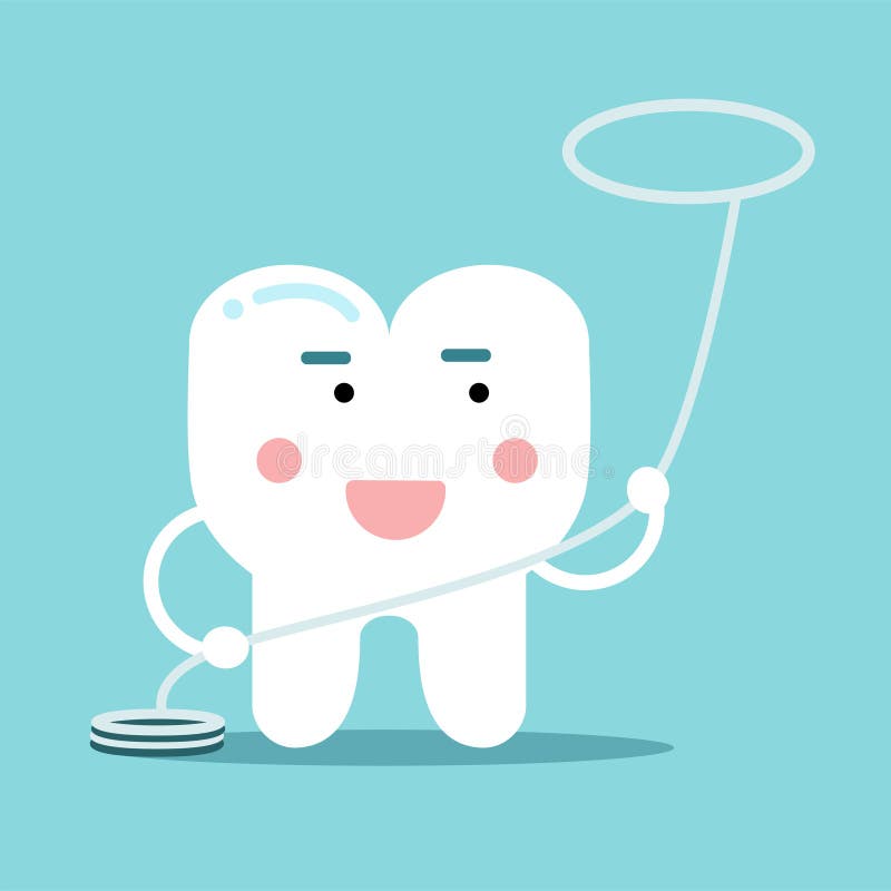 Happy Healthy Cartoon Tooth Character With Flossing Dental Vector