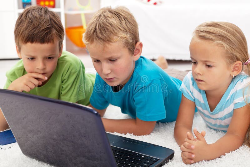 Happy Healthy Kids with Laptop Computer Stock Image - Image of learning ...
