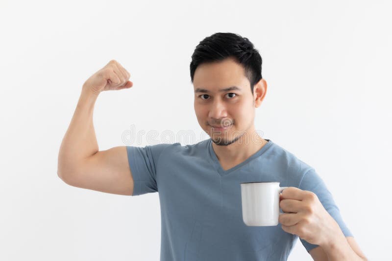 Happy Healthy Man Drinks Healthy Coffee on Isolated Background. Stock ...