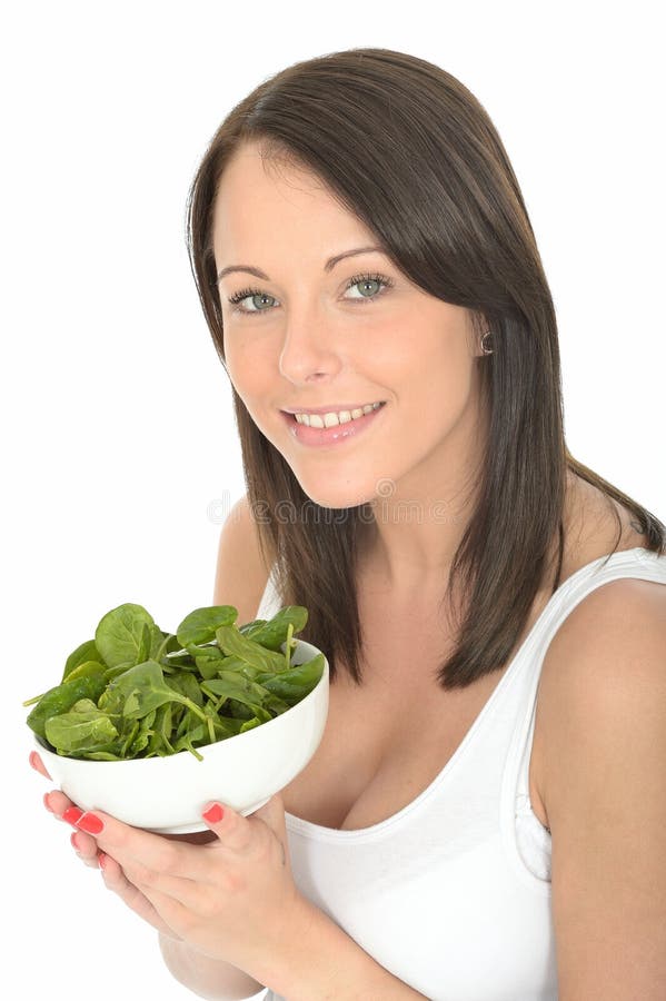 Happy Healthy Natural Attractive Young Woman Holding Bowl Fresh Raw