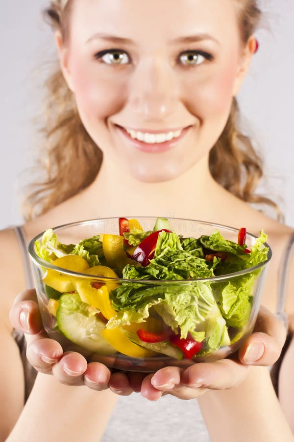Happy Healthy Woman with Salad Stock Photo - Image of eyes, enjoyment ...