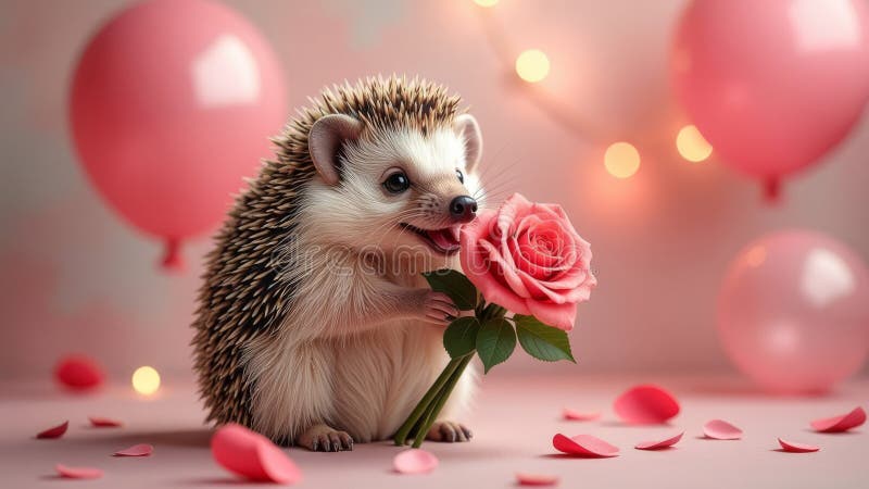 Happy Hedgehog with a Bouquet of Pink Roses Stock Illustration ...