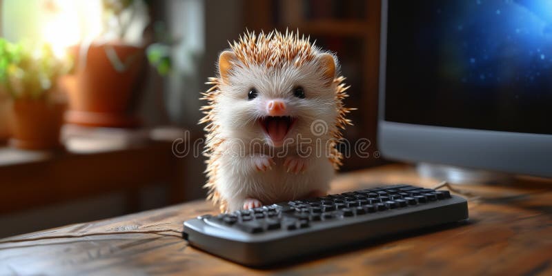 Happy Hedgehog Standing on Keyboard Using Desktop Computer Stock Photo ...