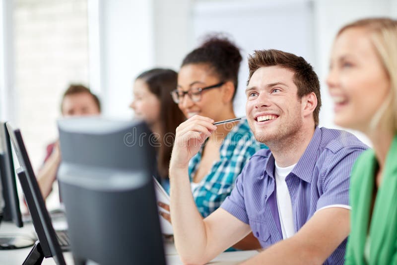 Happy High School Students in Computer Class Stock Image - Image of ...