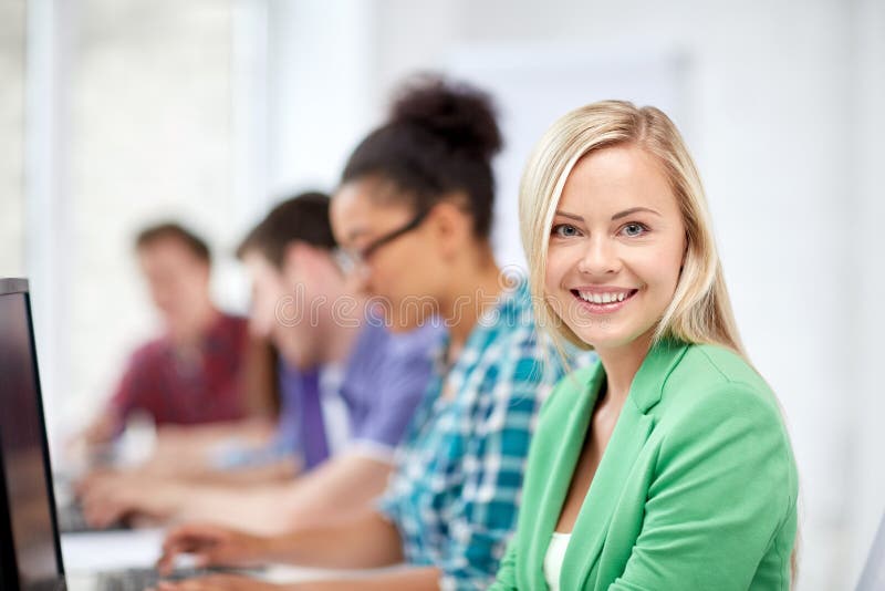 Happy High School Students in Computer Class Stock Photo - Image of ...