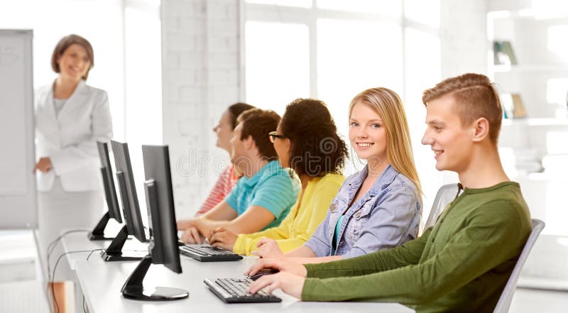 Happy High School Students in Computer Class Stock Photo - Image of ...