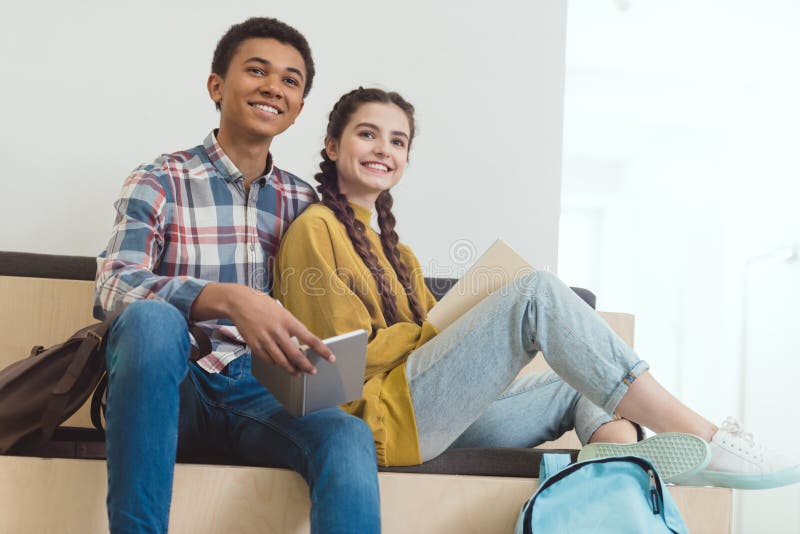 Happy High School Students Couple Doing Homework at School Stock Image ...