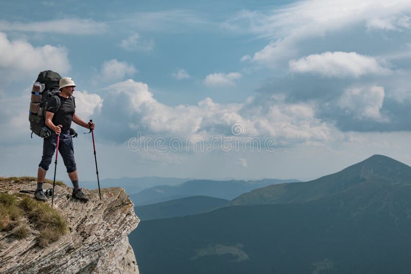 Happy Hiker Man on the Cliff Stock Photo - Image of backpack, hiker ...