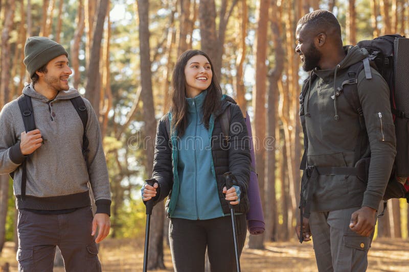 Hikers Talking Together while Trekking in the Wilderness Stock Image ...