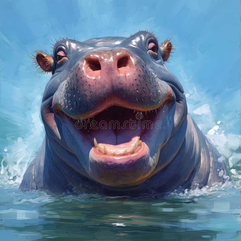 Happy Hippo in Water with Enthusiastic Expression, Reflecting Pure Joy ...