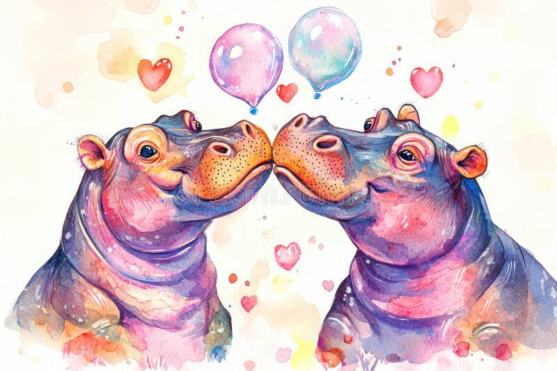 Happy Hippos Sharing Moment with Heart Bubbles, Showcasing Joy and Love ...