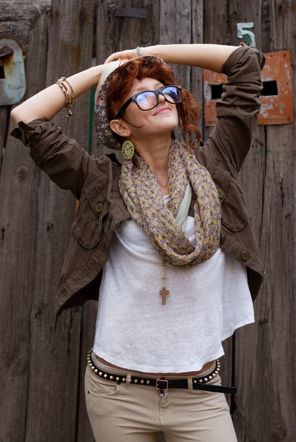 Happy Hipster Girl Outdoors Stock Photo - Image of standing, chick ...
