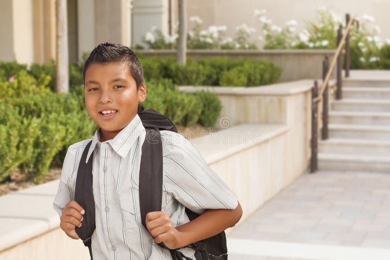 Happy Hispanic Boy with Backpack Walking on School Campus Stock Photo ...