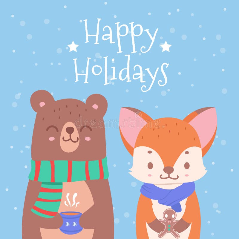 Happy Holidays Greeting with a Jolly Bear and Fox Stock Vector ...