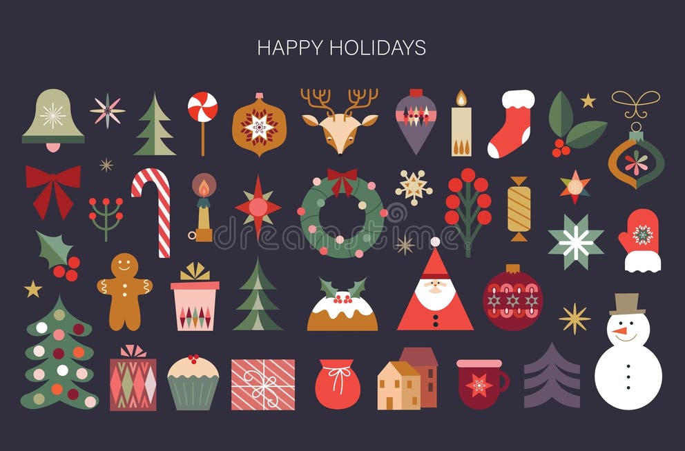 Happy Holidays Icons Collection, Greeting Card with Seasonal Items ...