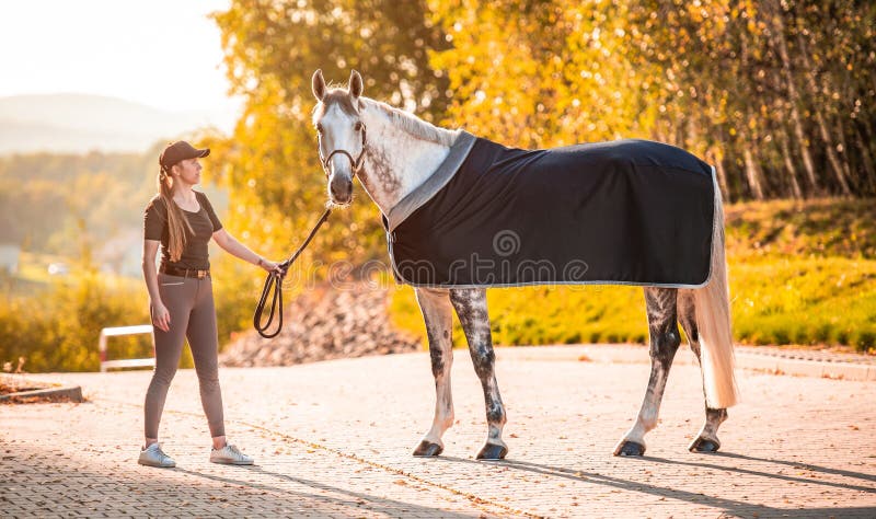 Happy Horse Rider Standing with Her Horse. Equestrian Theme Stock Image ...