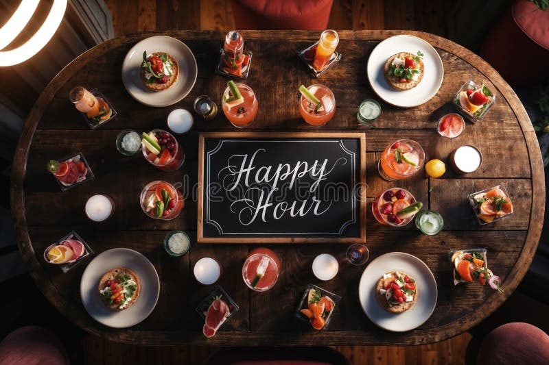Happy Hour Chalkboard Sign Surrounded by Cocktails and Appetizers on ...