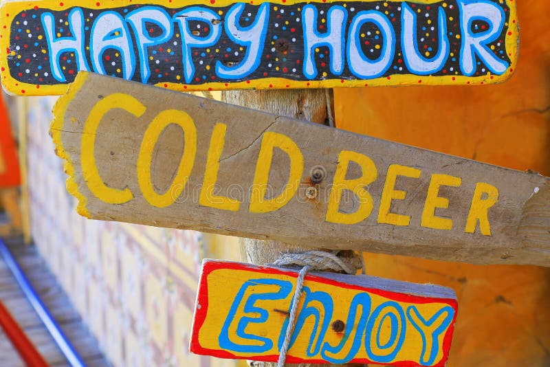 Happy Hour Colorful Sign Board with Cold Beer and Having Fun Stock ...