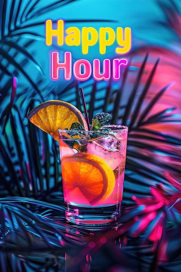 Happy Hour Neon Sign Above a Refreshing Summer Drink Stock Photo ...